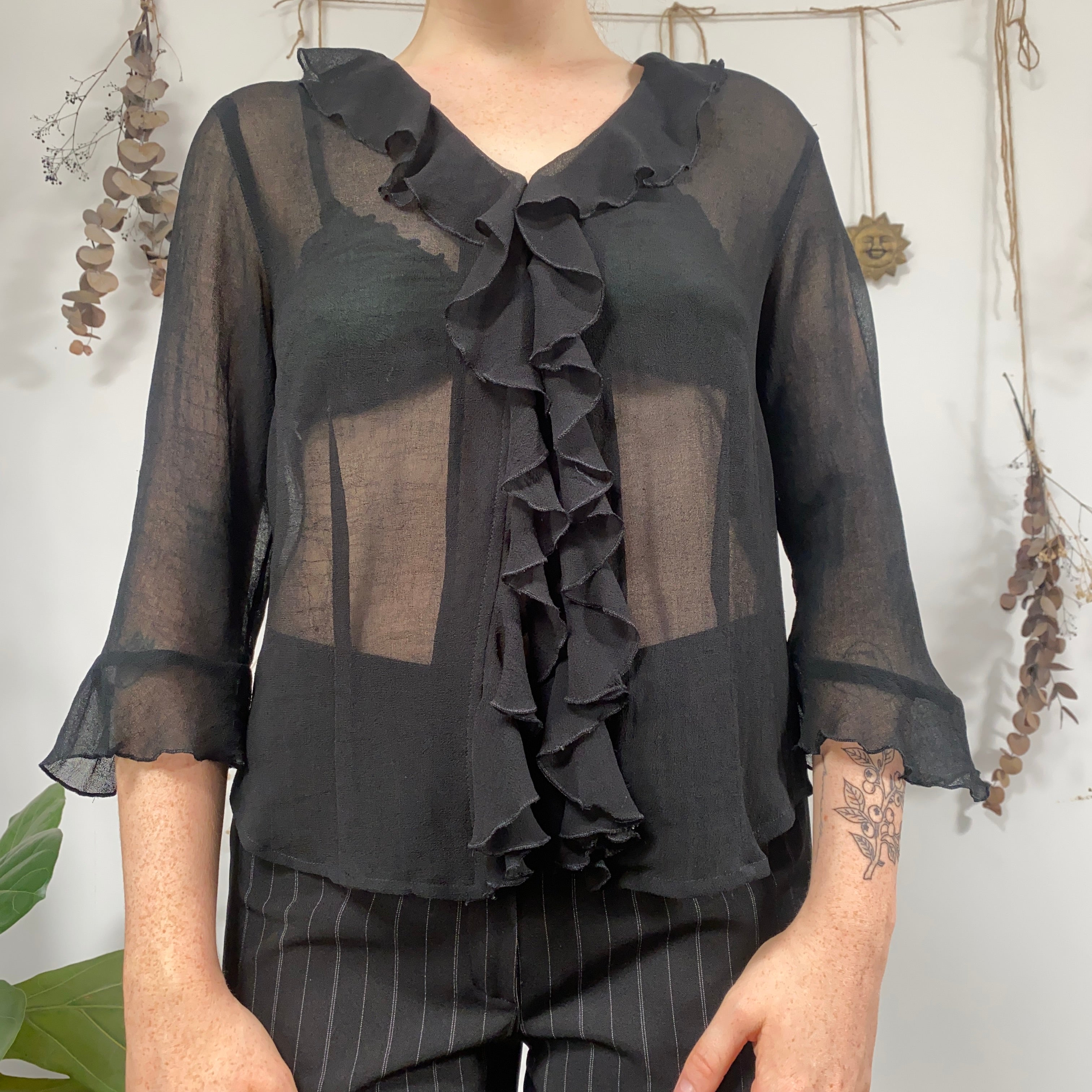 Black mesh ruffle top - size M/L – Of Earth Vintage