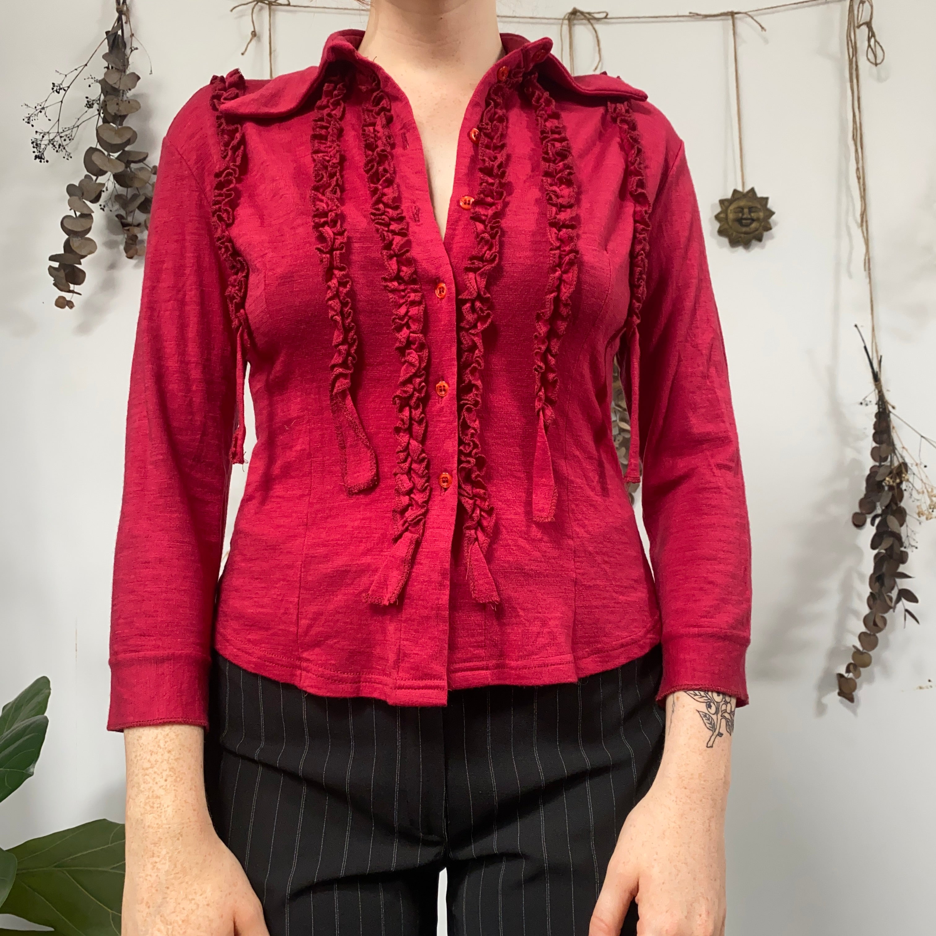 Red ruffle shirt - size M – Of Earth Vintage